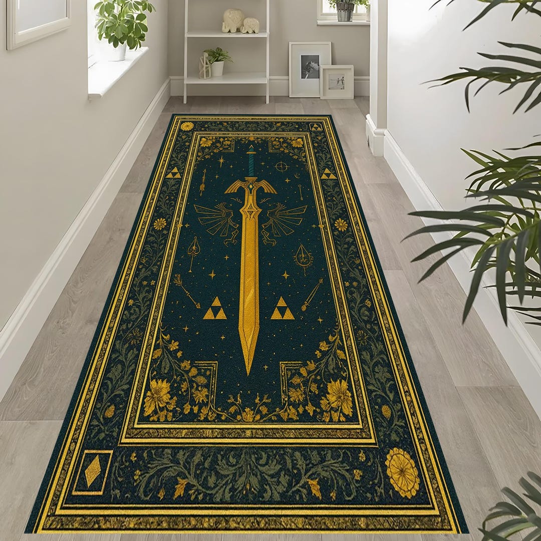Zelda Triforce Rug: Golden Sword Carpet, Emerald Blue Design, Fantasy ...