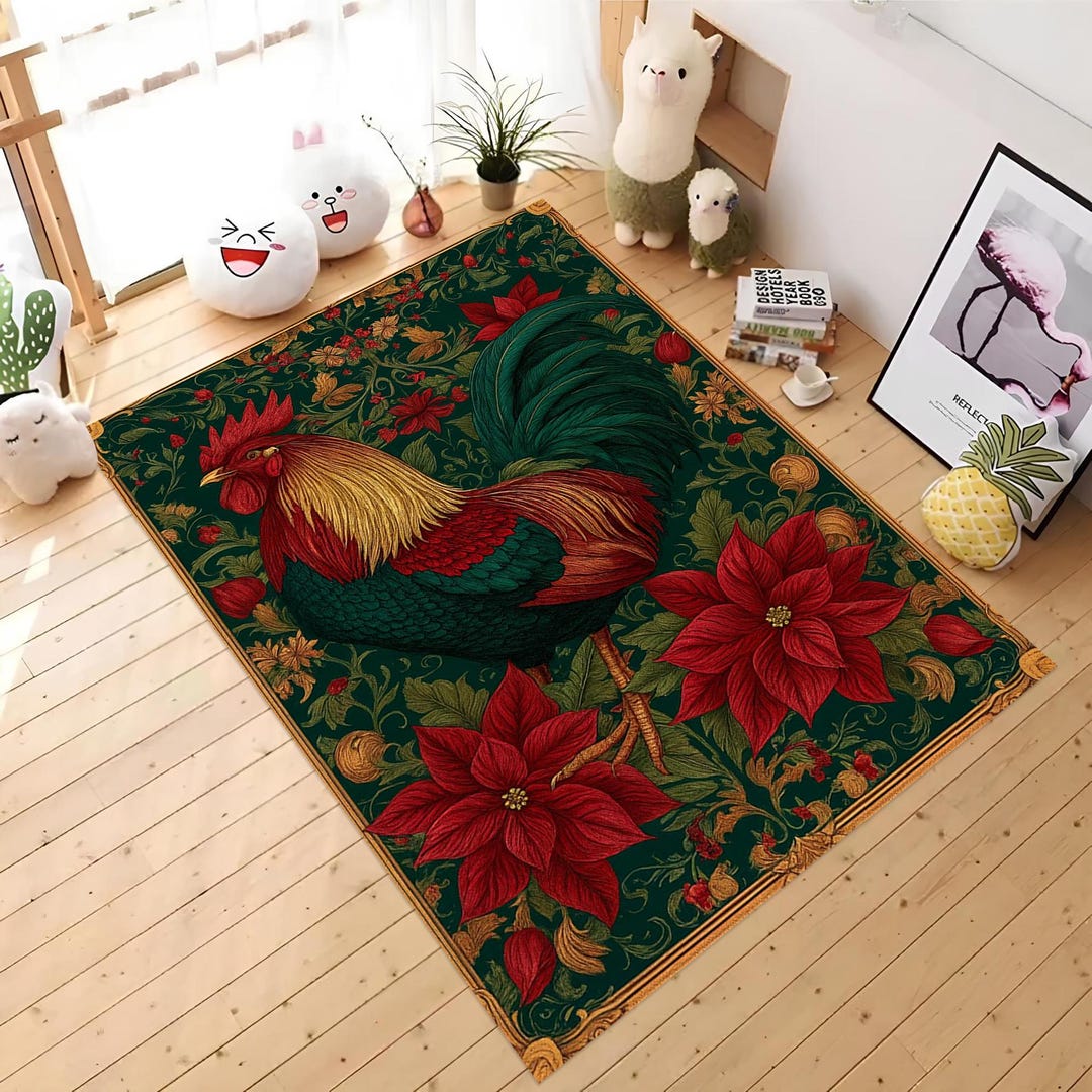 Rooster Floral Rug: Red Poinsettia Carpet, Green Gold Pattern ...