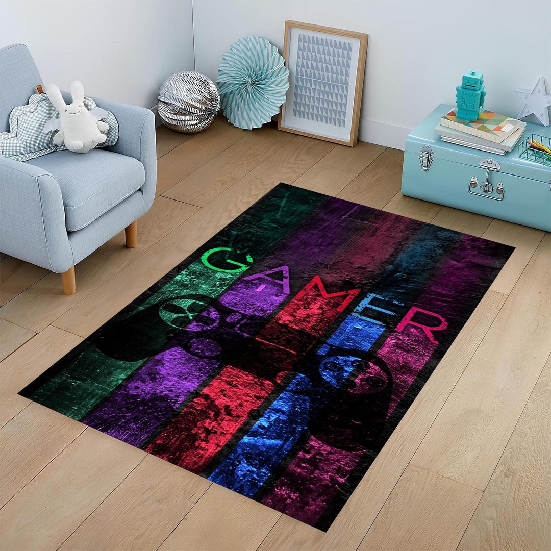 Gaming Room Rug, Black Based Colorful Gamer Rug, Gaming Multicolor Game ...