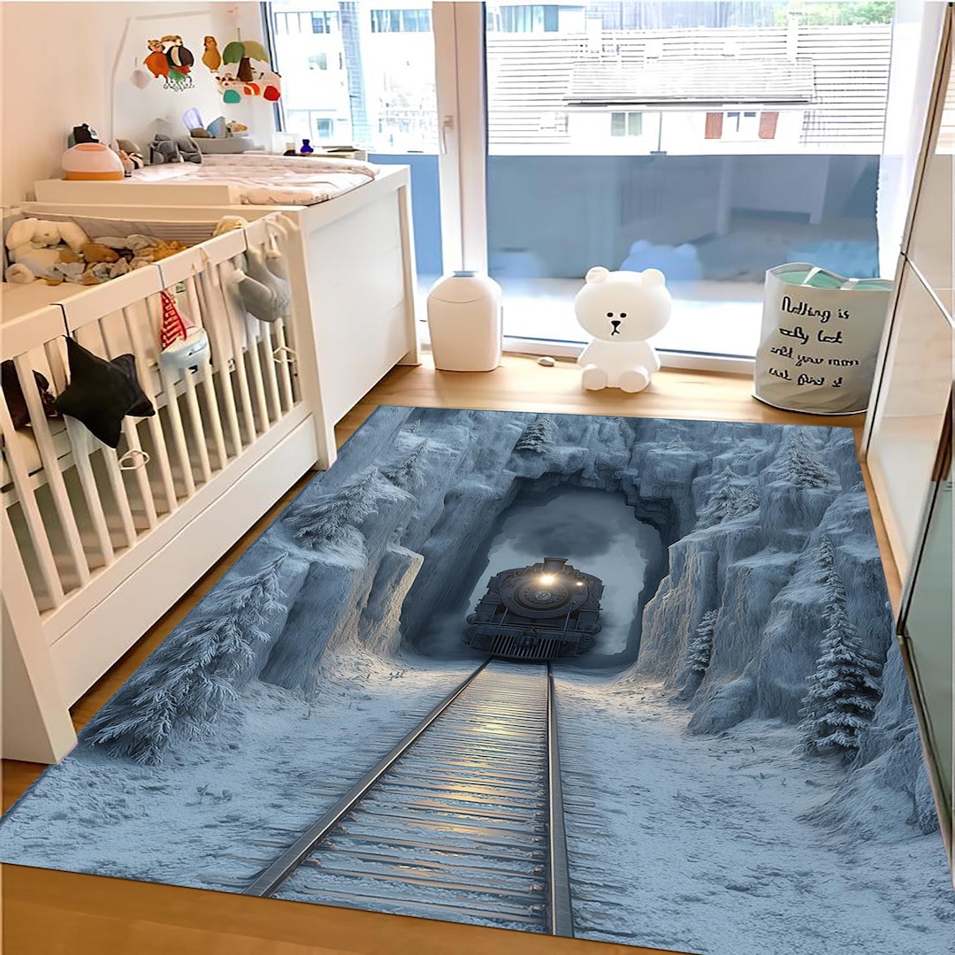 Arctic Train Rug: Icy Blue Snow Tunnel Railway Illusion Carpet, Winter ...
