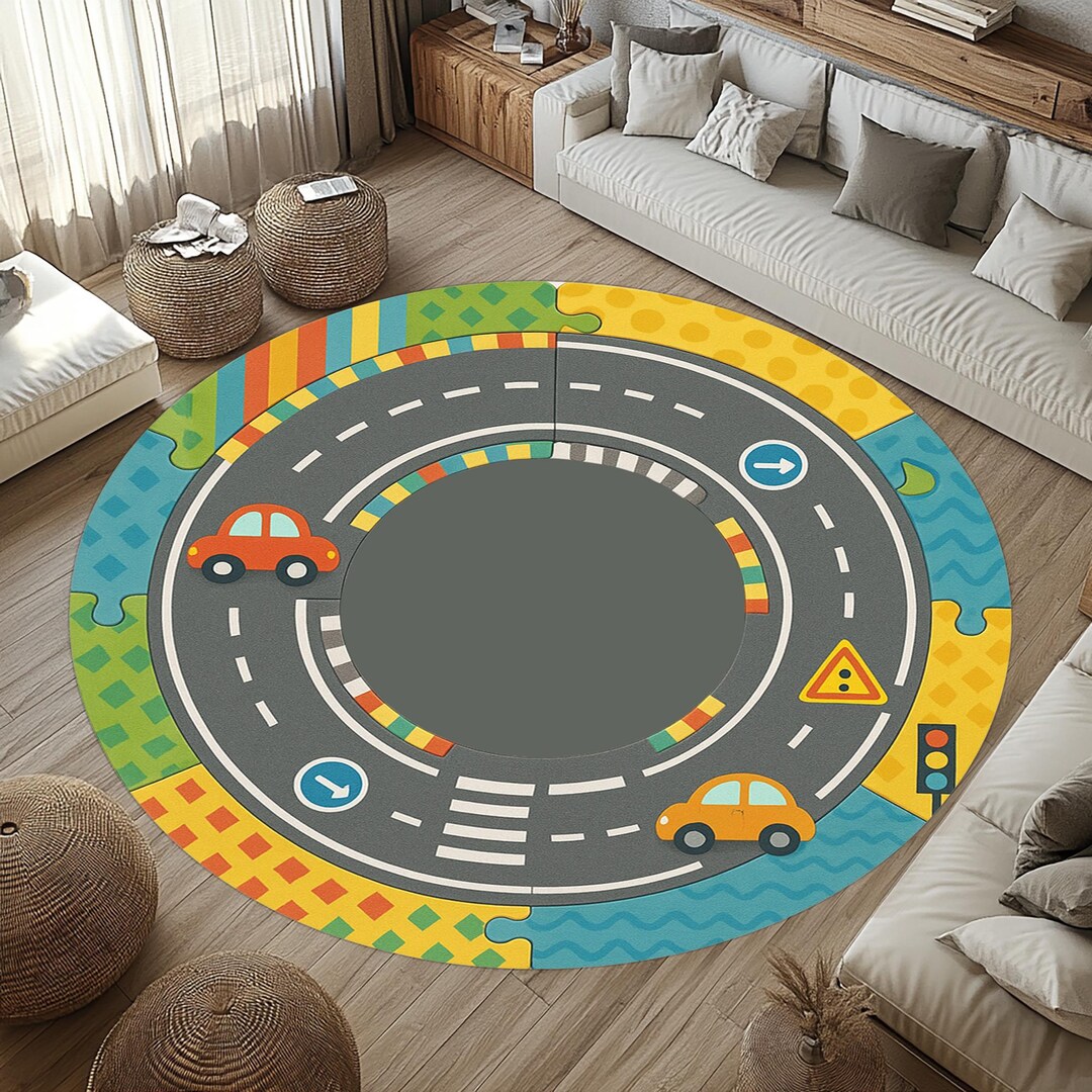 Kids Road Map Play Rug: Round Traffic Track Nursery Decor - Etsy