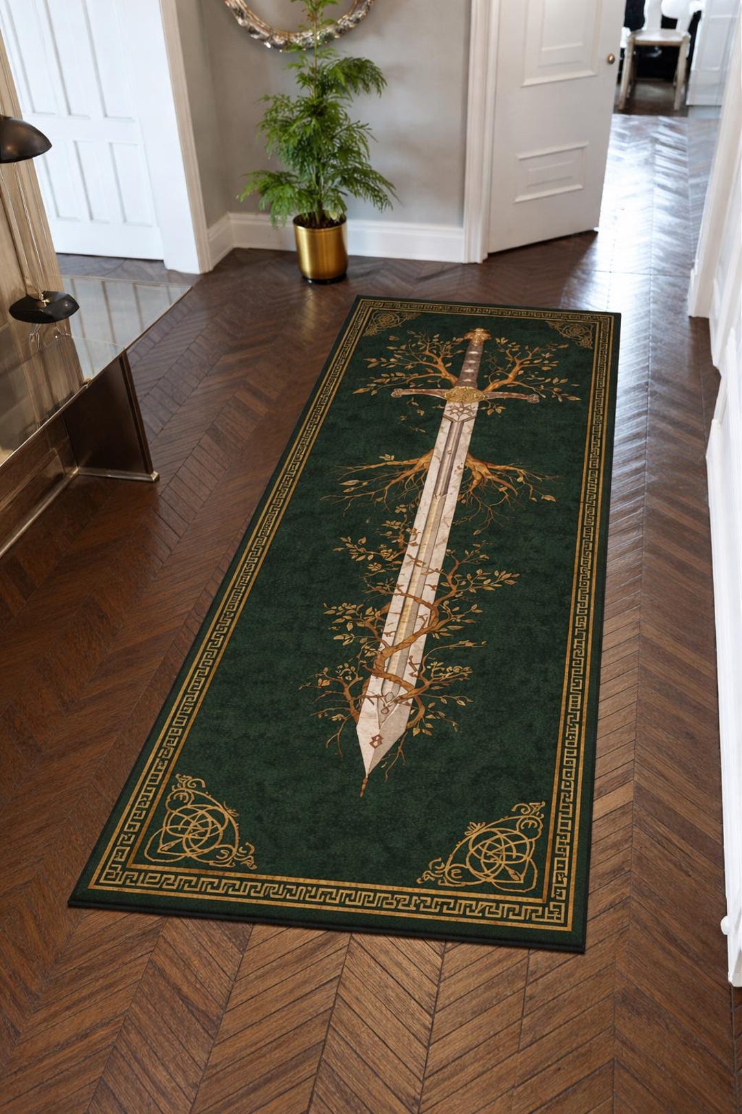 Fantasy Sword Rug: Emerald Gold Tree Blade Carpet, Mythic Medieval ...