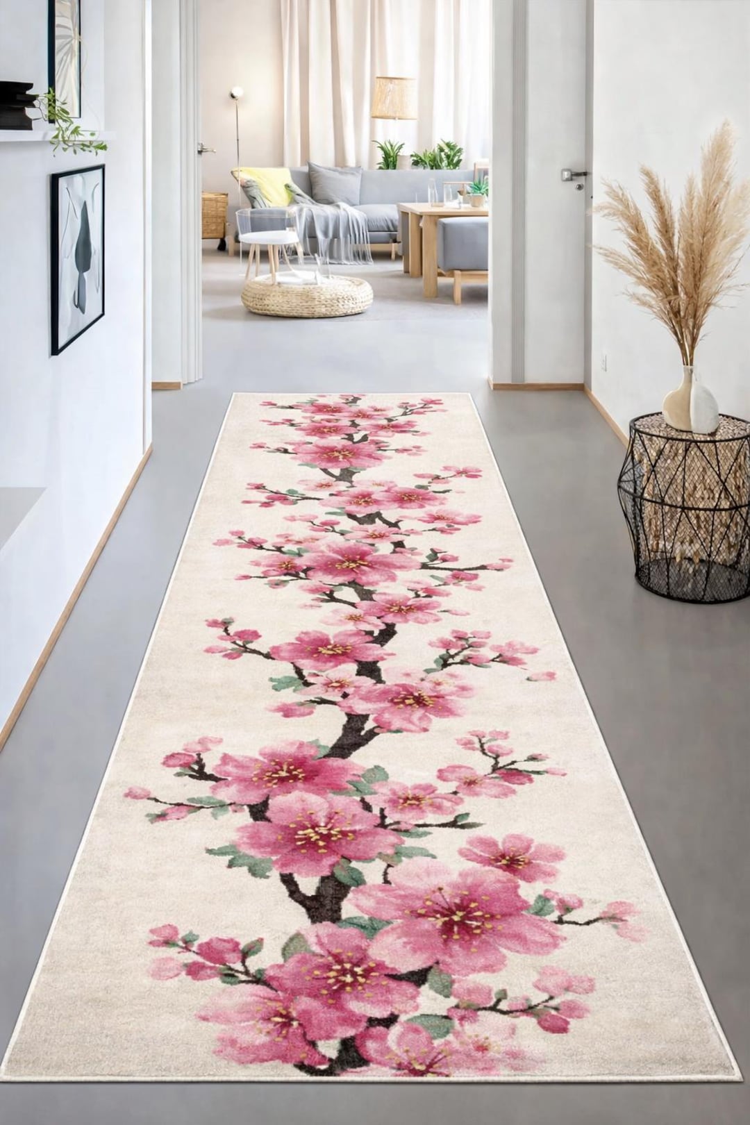 Cherry Blossom Runner Rug: Pink Floral Branch Design, Cream Background ...