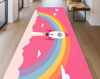 Rainbow Airplane Runner Rug for Kids, Pink Playroom Hallway Carpet ...