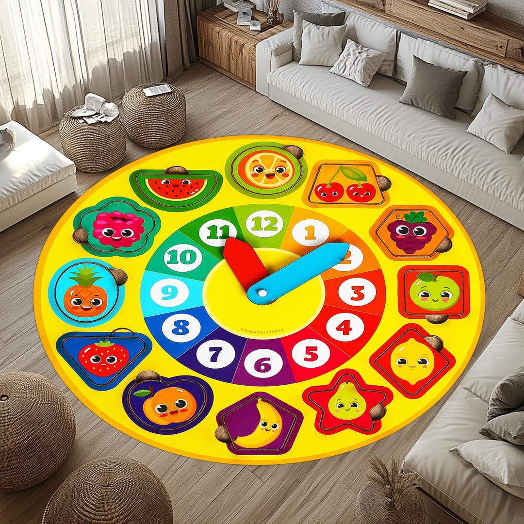 Yellow Cute Clocks Rugs, Clock Time Rug, Time Content Rugs, Fun Clock ...