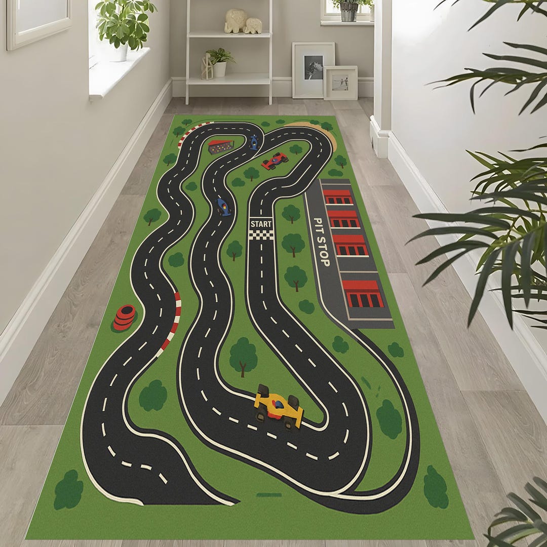 Race Track Runner Rug for Kids – Formula Car Play Mat With Pit Stop ...