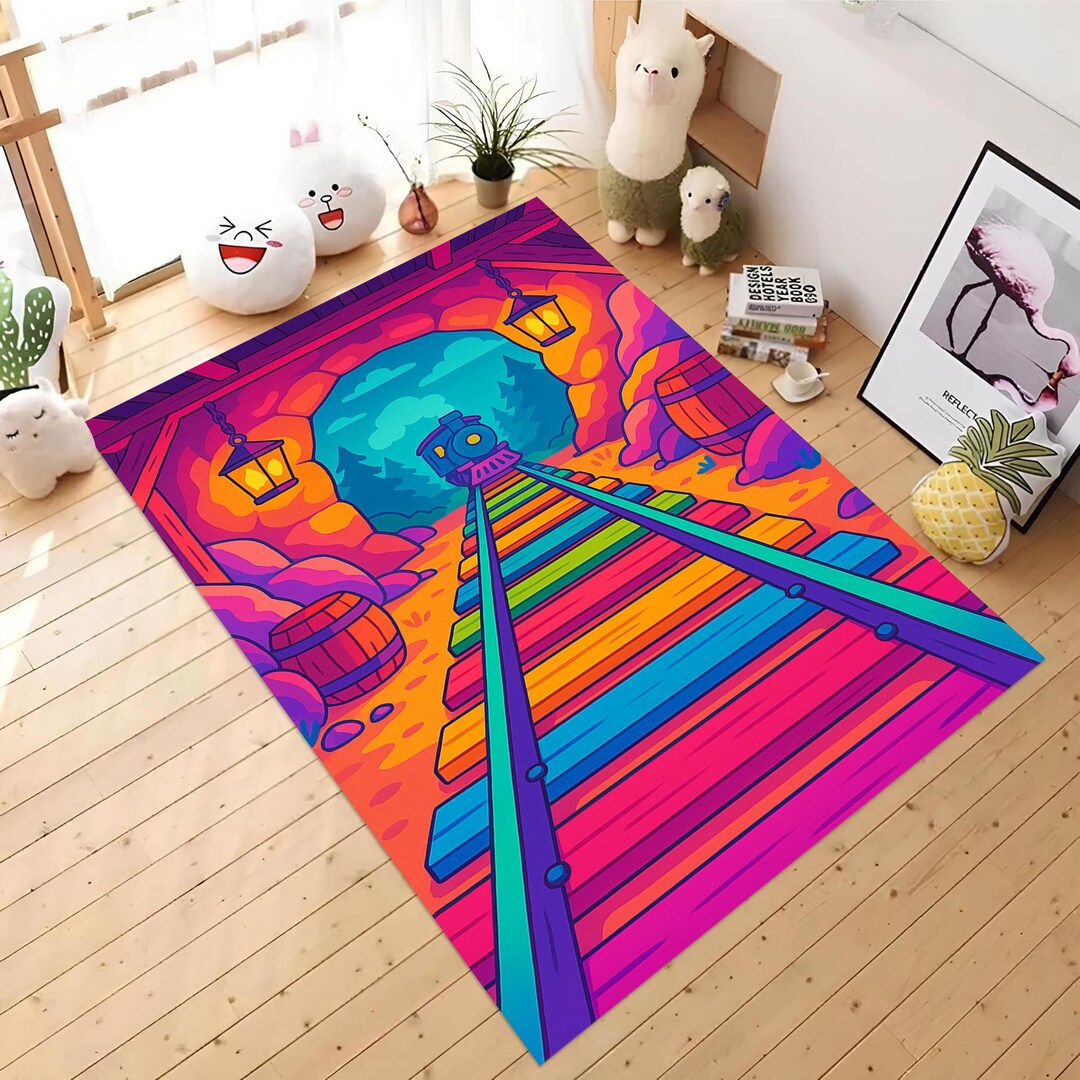 Colorful Cartoon Train Rug Rainbow Railroad Carpet for Kids Room ...