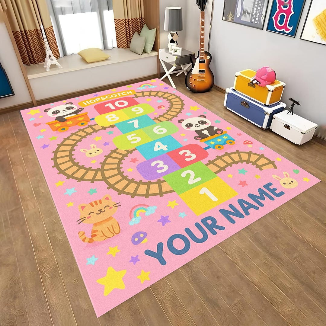 Personalized Pink Hopscotch Rug, Animals & Train, Kids Playroom Carpet ...