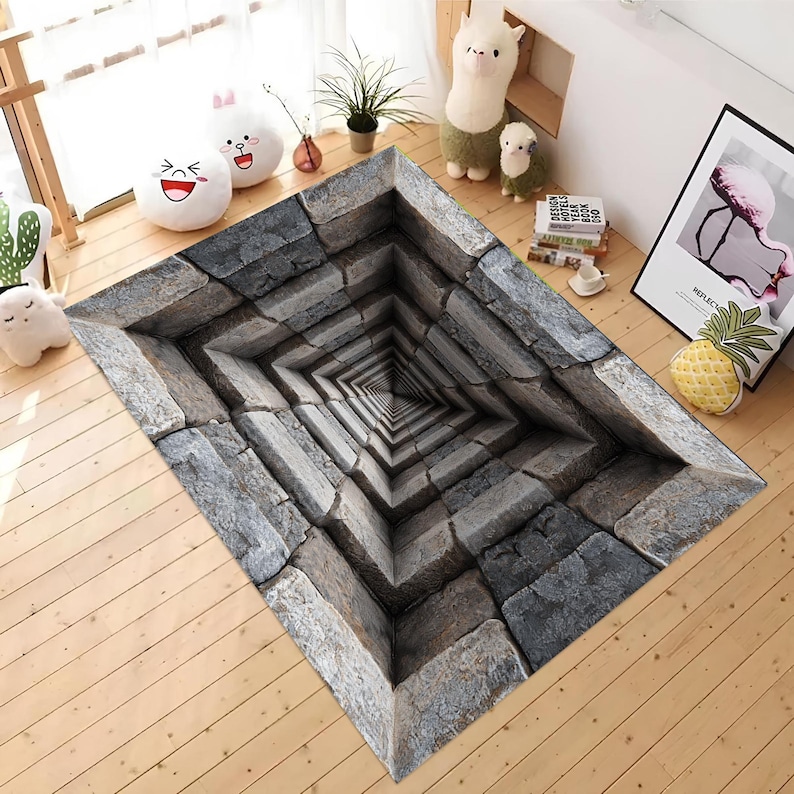 3D Stone Hole Rug: Deep Tunnel Optical Illusion Carpet, Realistic Grey ...