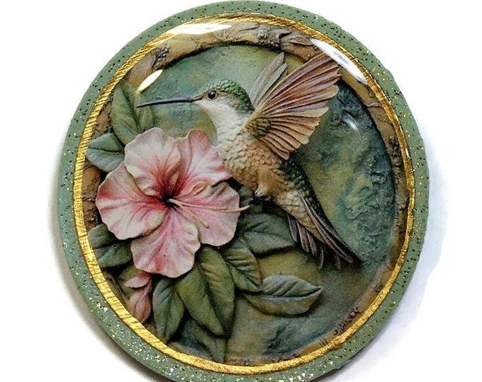 Hummingbird and Hibiscus Cabochon Polymer Clay Bird Pendant Bead ...