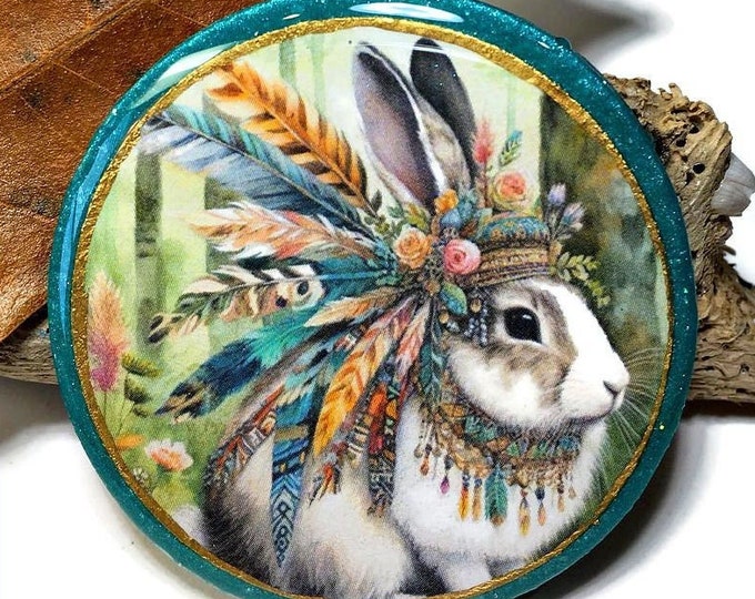 Warrior Rabbit Polymer Clay Round Spirit Animal Pendant Bead Embroidery ...