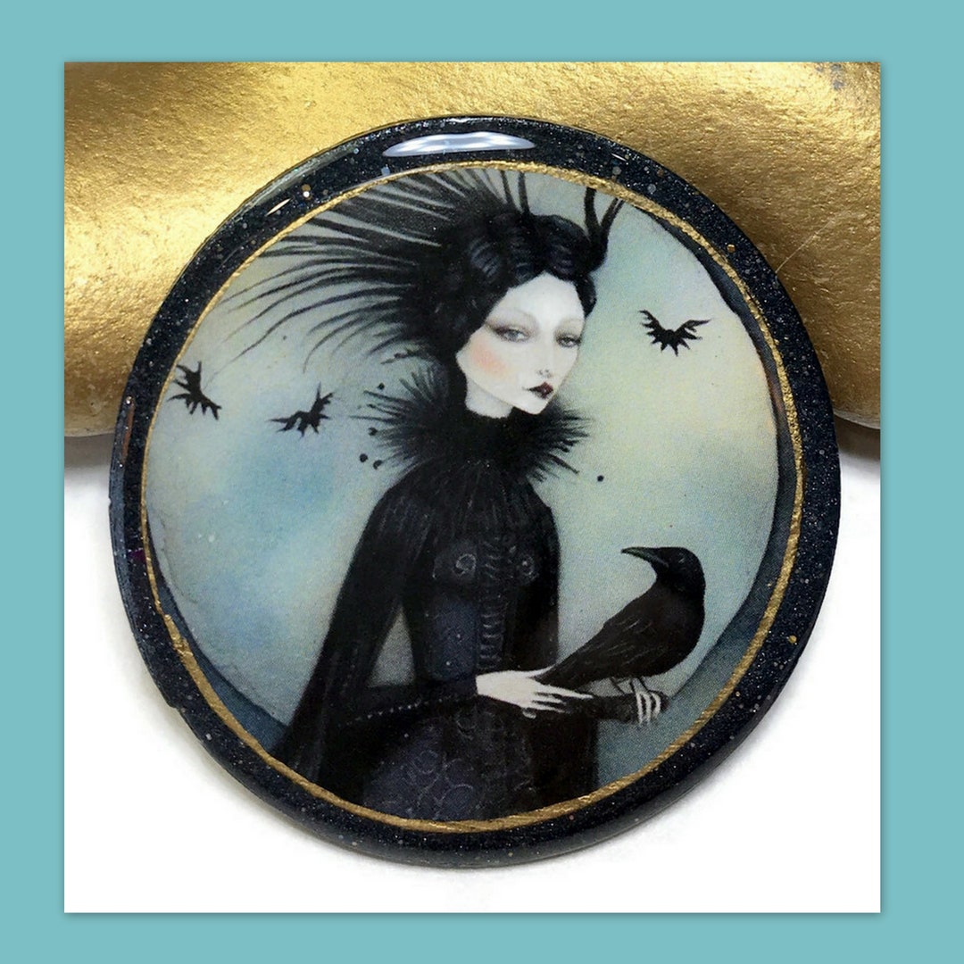 Polymer Clay and Resin Raven Lady Round Pendant Bead Embroidery ...