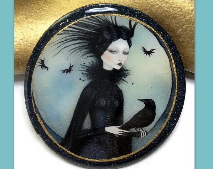 Polymer Clay Goth Raven Lady Round Pendant Bead Embroidery Components ...