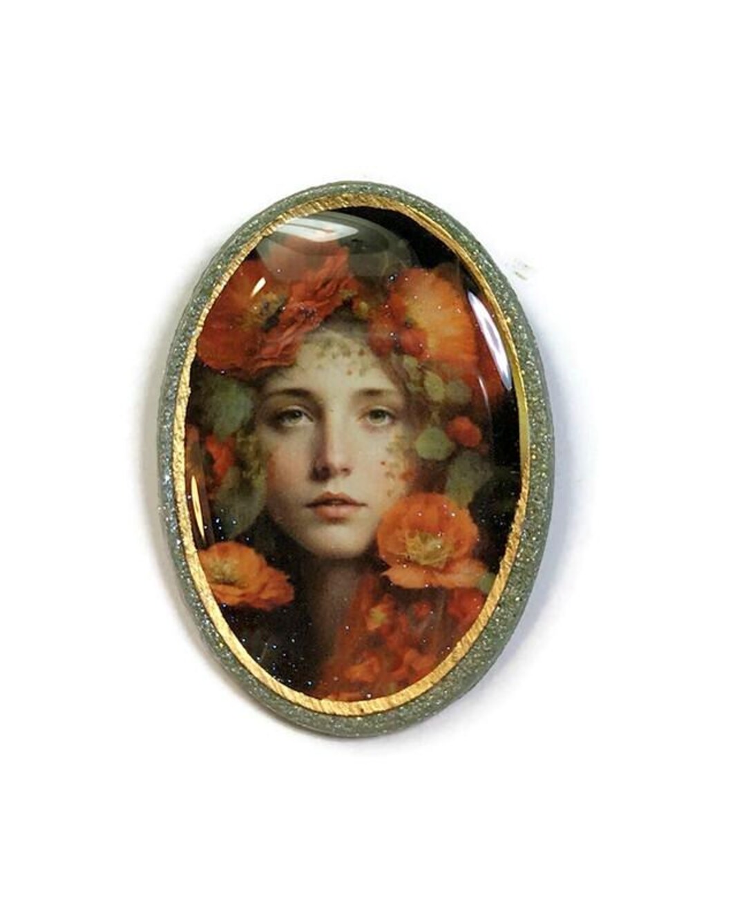 Girl With Poppies Oval Polymer Clay Pendant Bead Embroidery 40mm X 30mm ...