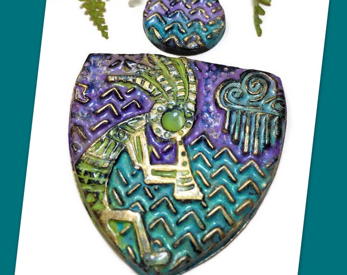 Kokopelli Tribal Polymer Clay Shield Pendant Set Beading Cab Jewelry ...