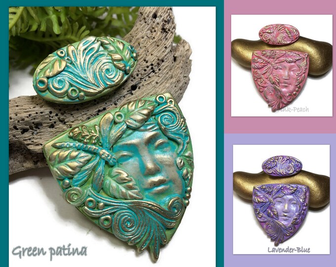 Dragonfly Goddess Polymer Clay Shield Pendant Set Beading Cab Jewelry ...