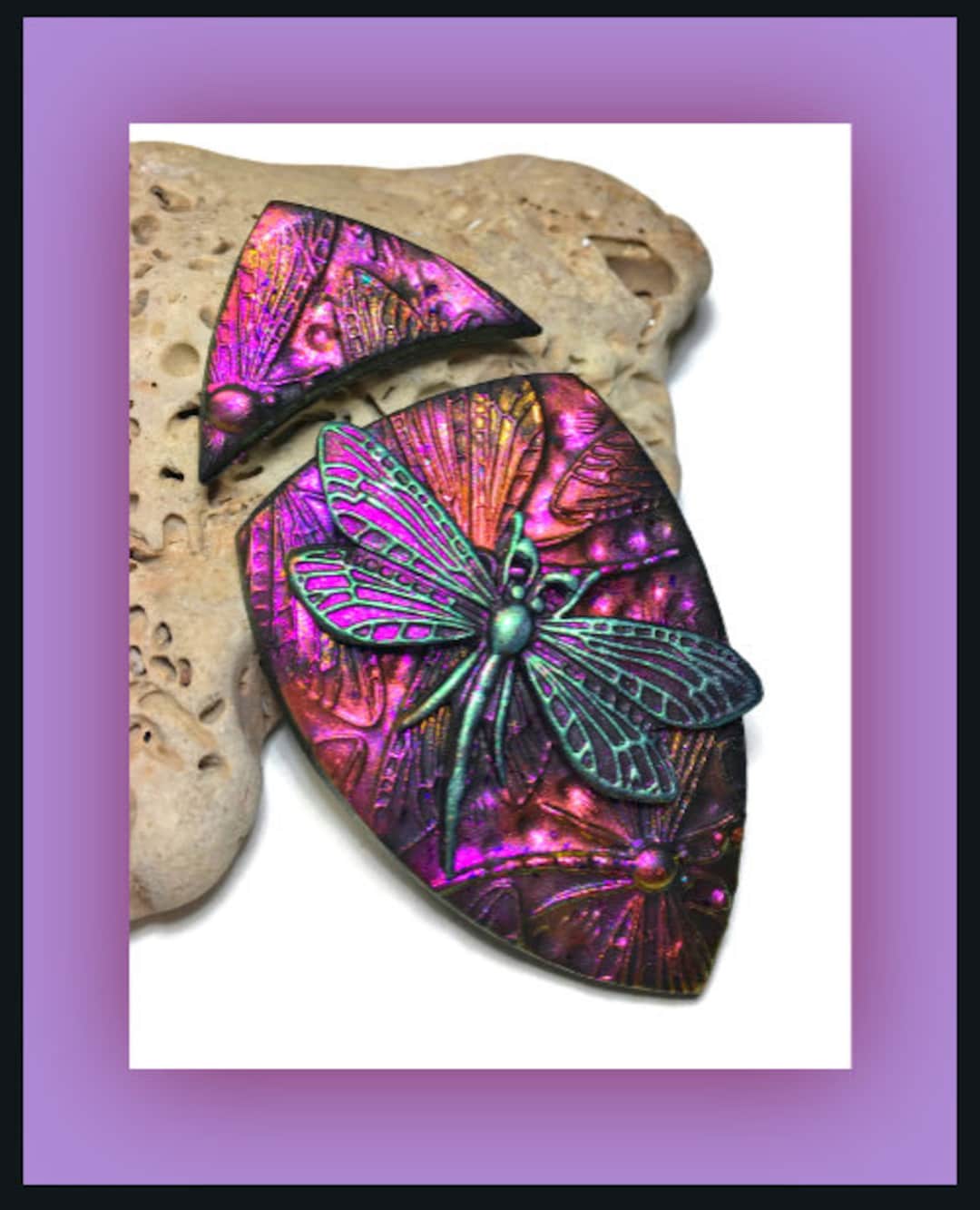 Dragonfly Faux Raku Marquise Polymer Clay Pendant Set Bead Embroidery ...