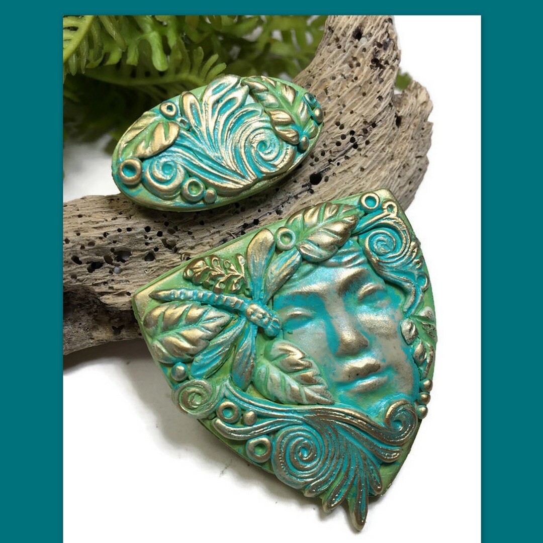 Dragonfly Goddess Polymer Clay Shield Pendant Set Beading Cab ...