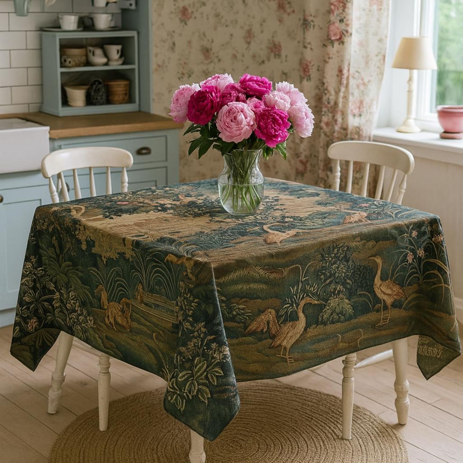 French Verdure Tapestry Tablecloth, Vintage Table Cover, Elegant Dining ...