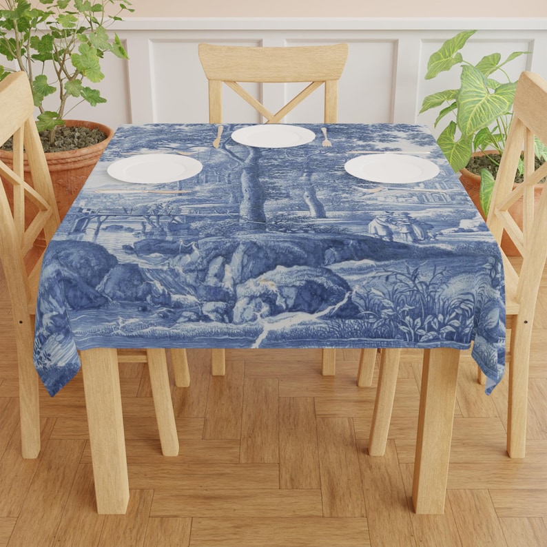 Delft Blue & White Tablecloth, Dutch 17th Century Landscape, Vintage ...