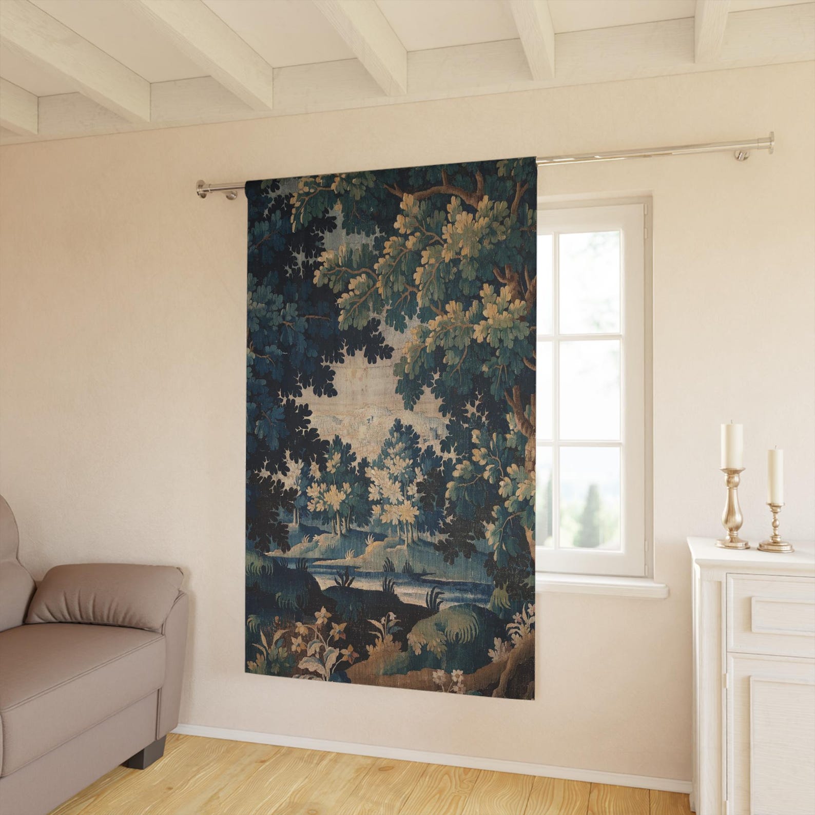 Elegant French Verdure Aubusson Tapestry Window Curtain, Vintage ...