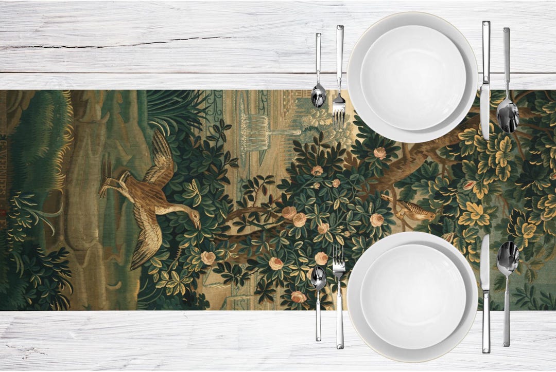 French Verdure Tapestry Table Runner, Pastoral Landscape With Animals ...
