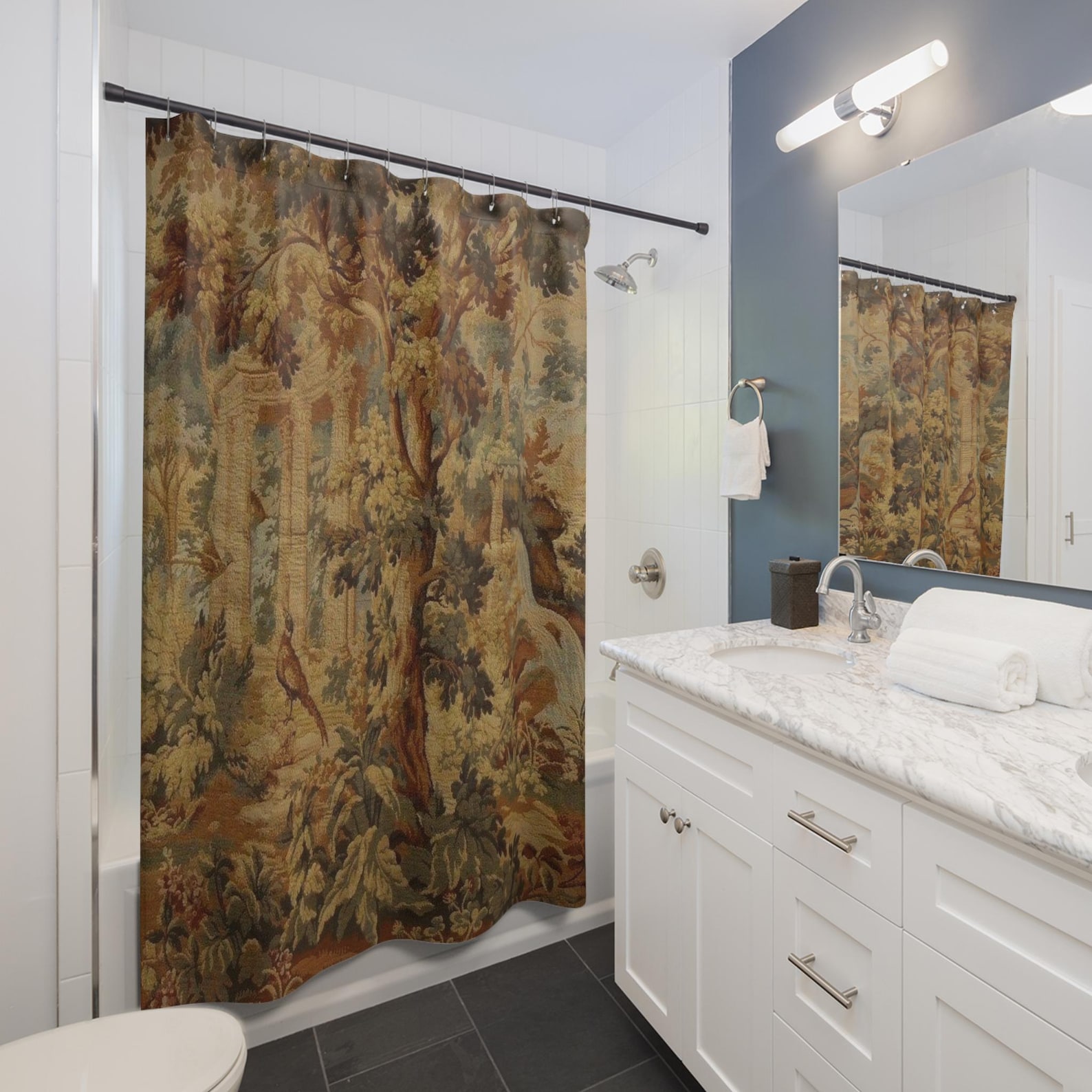 French Verdure Shower Curtain, Aubusson Style Tapestry Reproduction ...