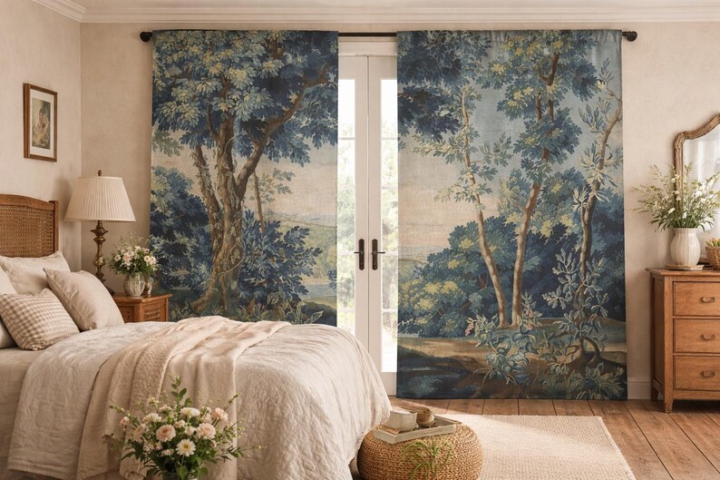 French Verdure Tapestry Window Curtain, Vintage Aubusson Blackout ...