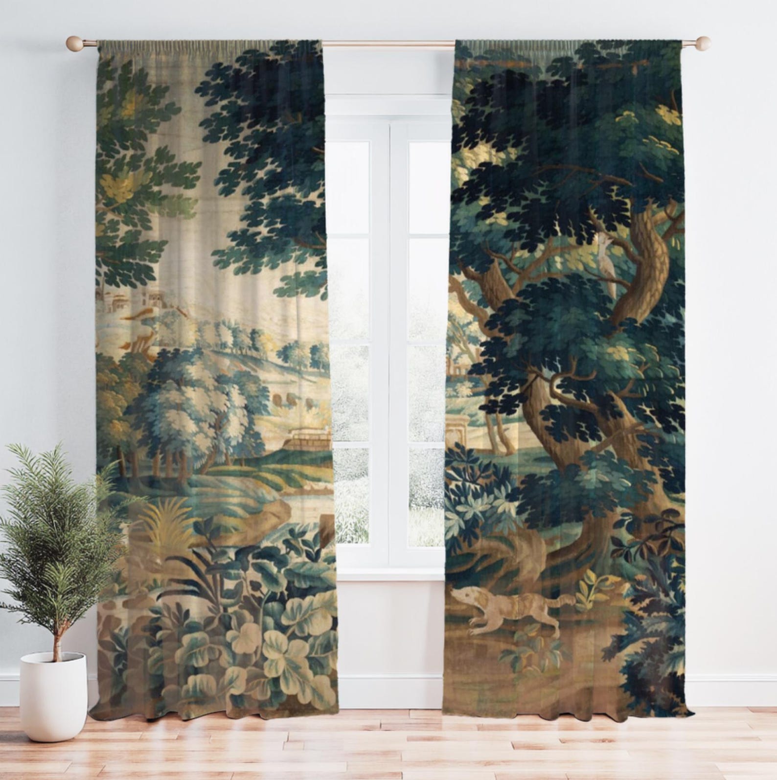 Elegant French Verdure Aubusson Tapestry Window Curtain, Vintage Window ...