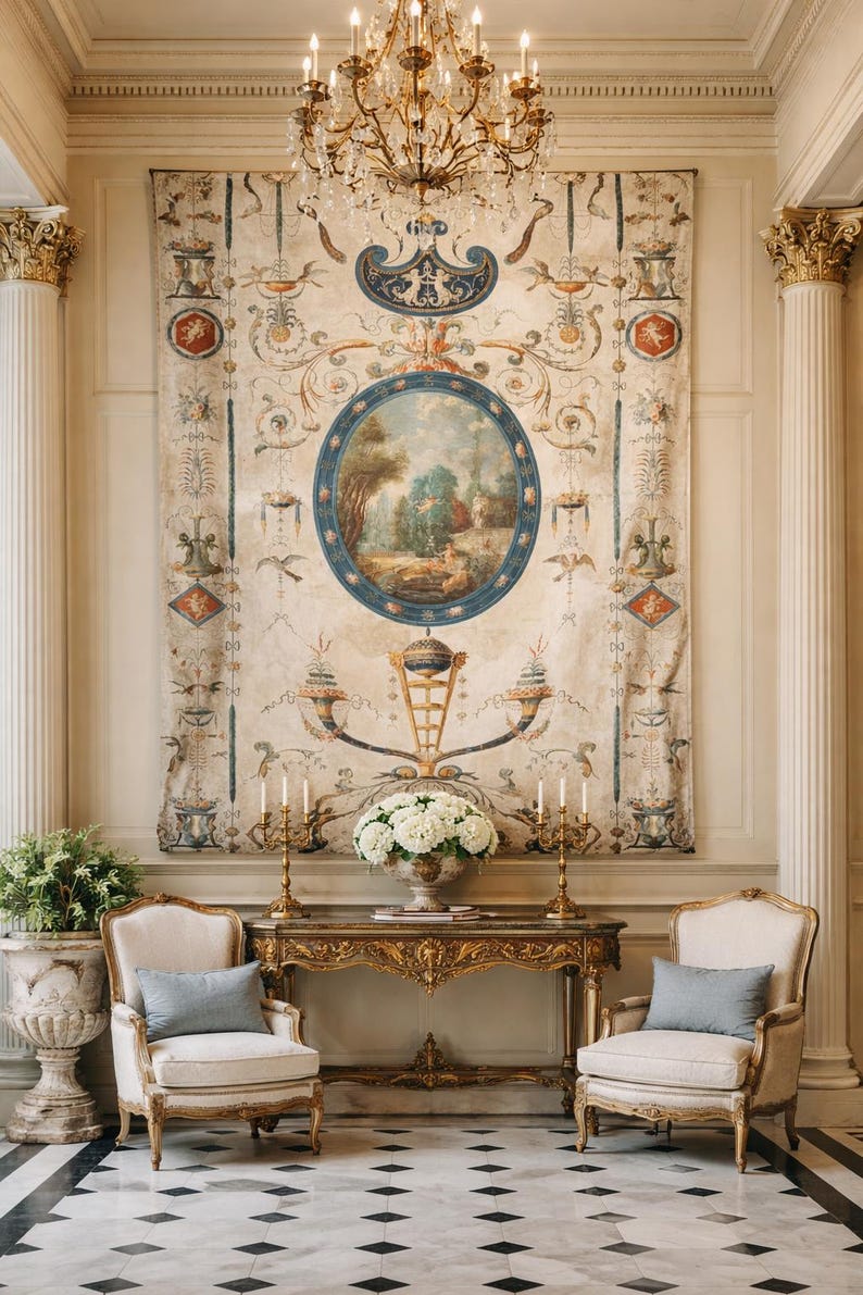 French Neoclassical Wall Hanging, Louvre Printed Fabric Reproduction ...