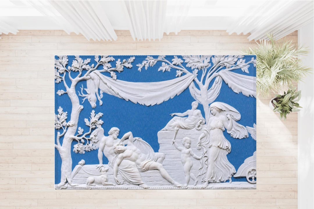 Wedgwood Inspired Area Rug, Blue and White Neoclassical Design, Vintage ...