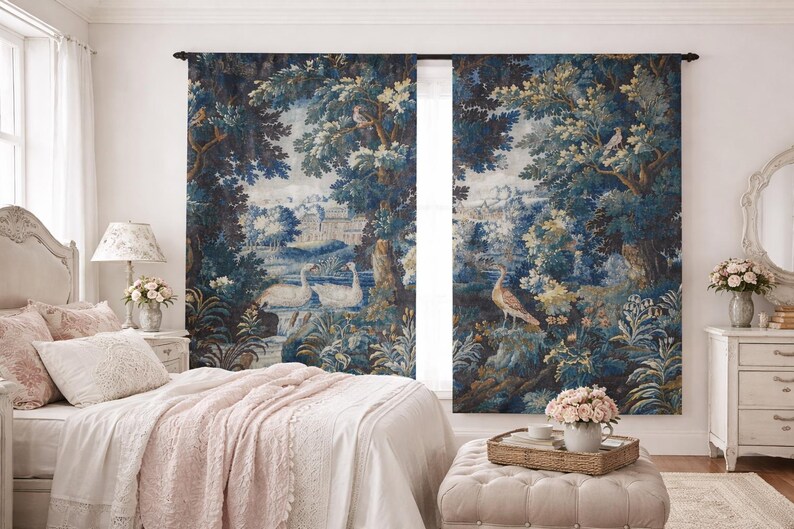 French Verdure Tapestry Window Curtain, Single Panel, Antique Vintage ...