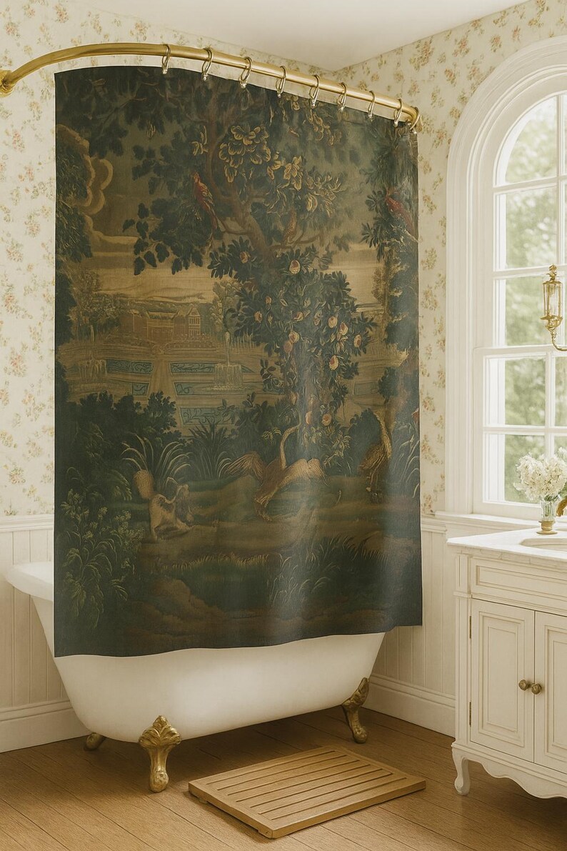 French Verdure Tapestry Shower Curtain, Vintage Bathroom Decor, Retro ...