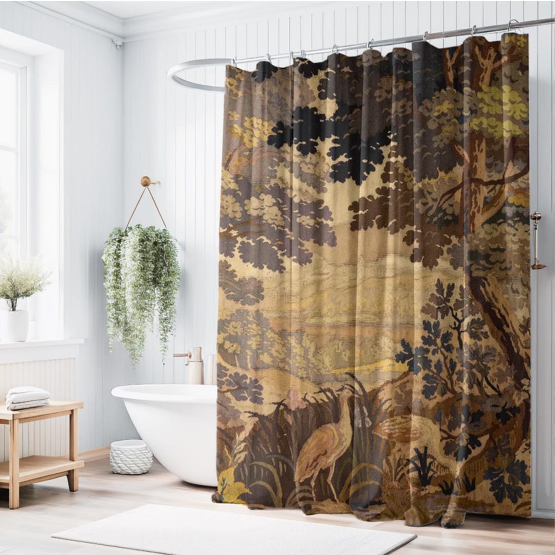 French Verdure Shower Curtain, Antique Aubusson Tapestry Reproduction ...