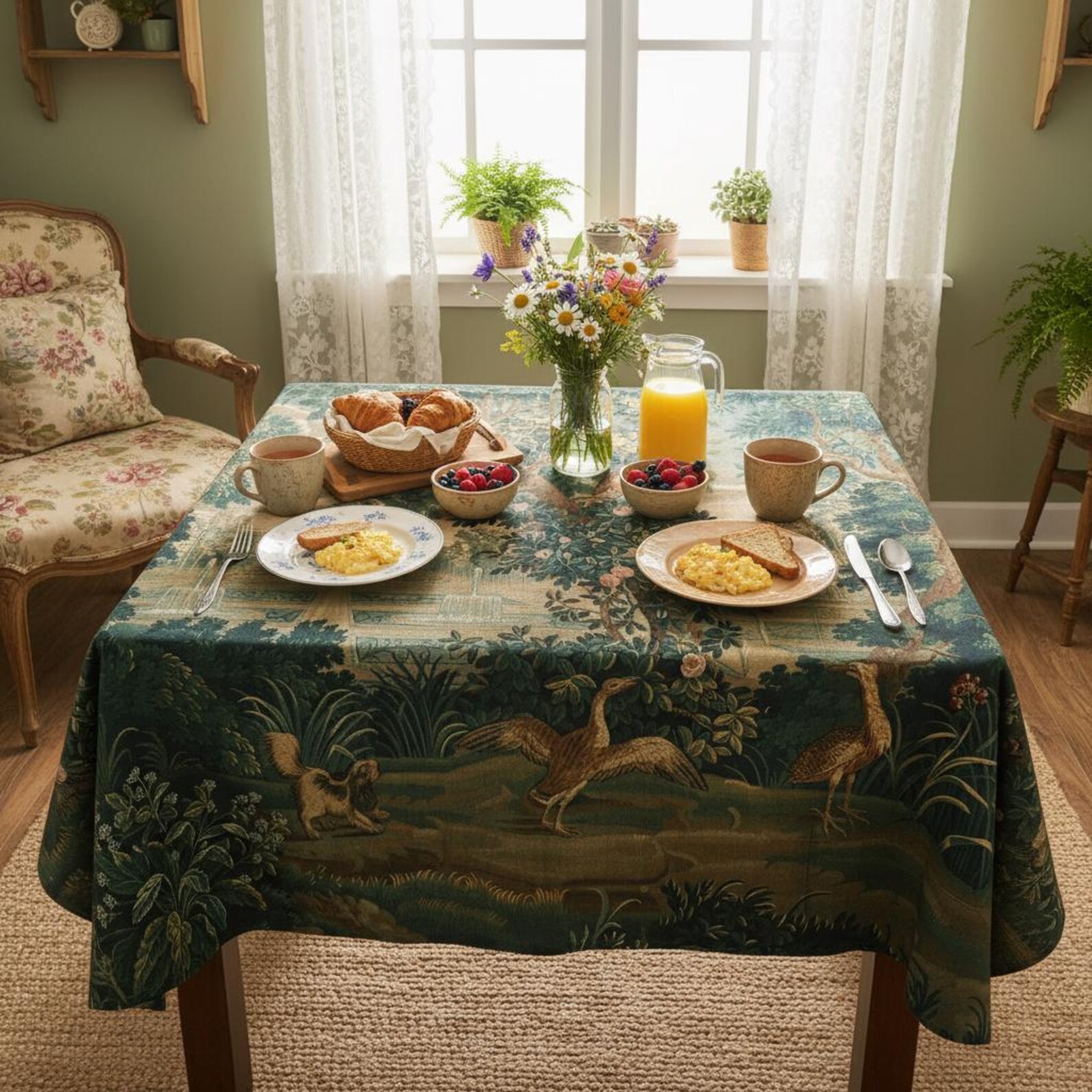 French Verdure Tapestry Tablecloth, Vintage Table Cover, Elegant Dining ...
