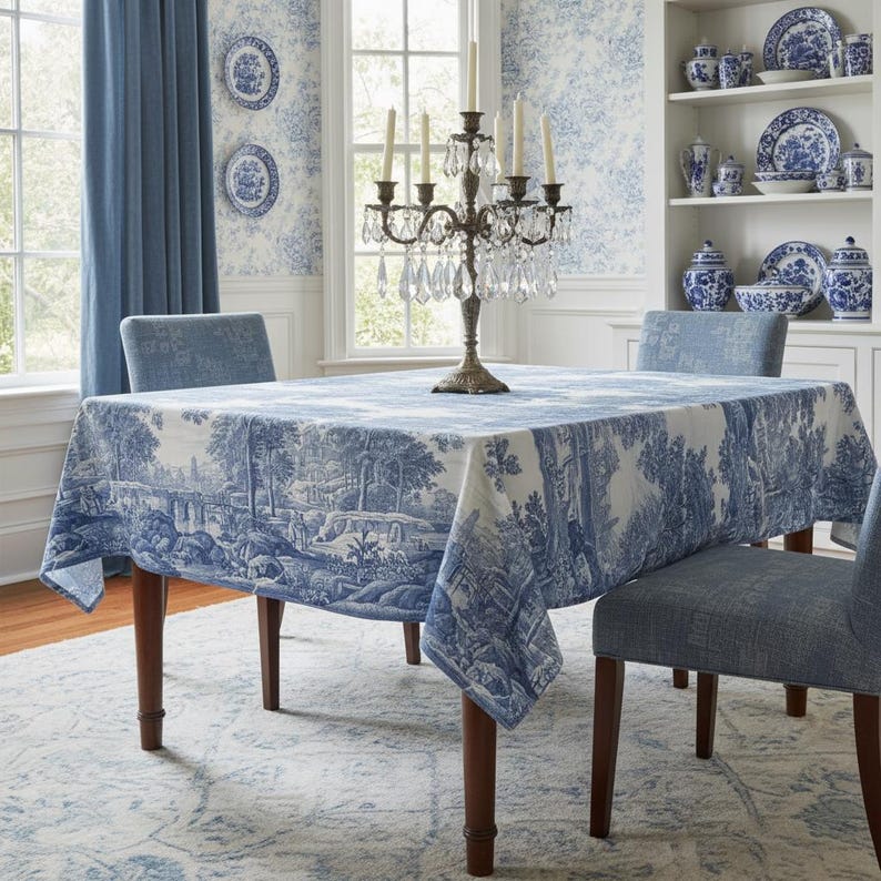 Delft Blue & White Tablecloth, Dutch 17th Century Landscape, Vintage ...
