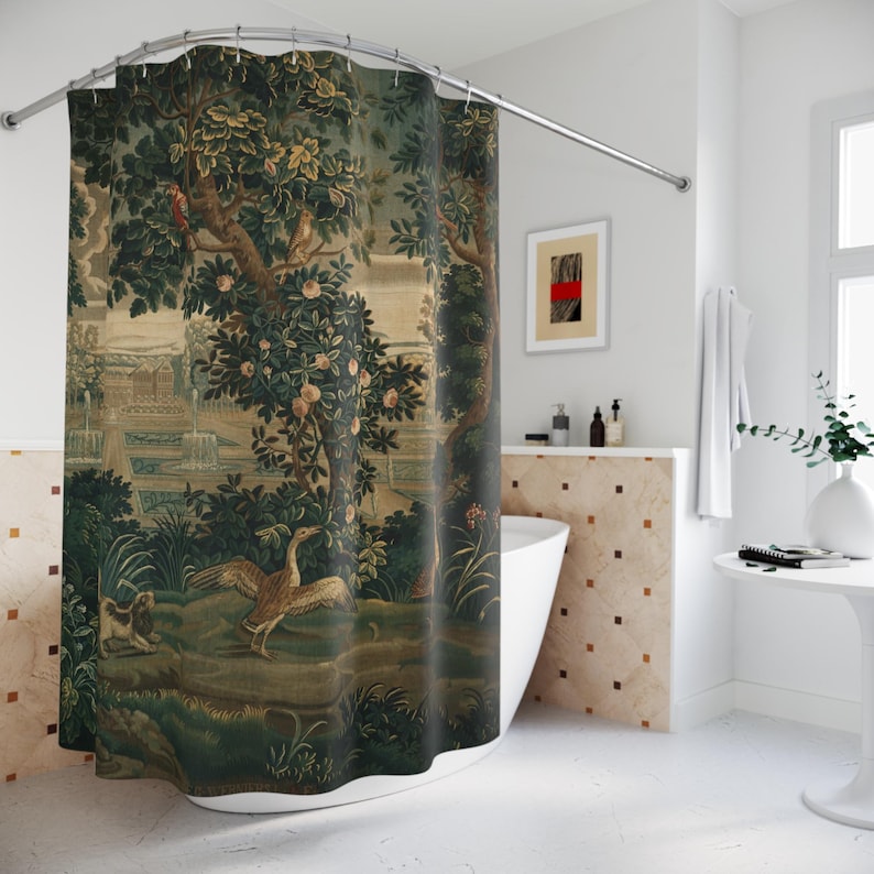 French Verdure Tapestry Shower Curtain, Vintage Bathroom Decor, Retro ...