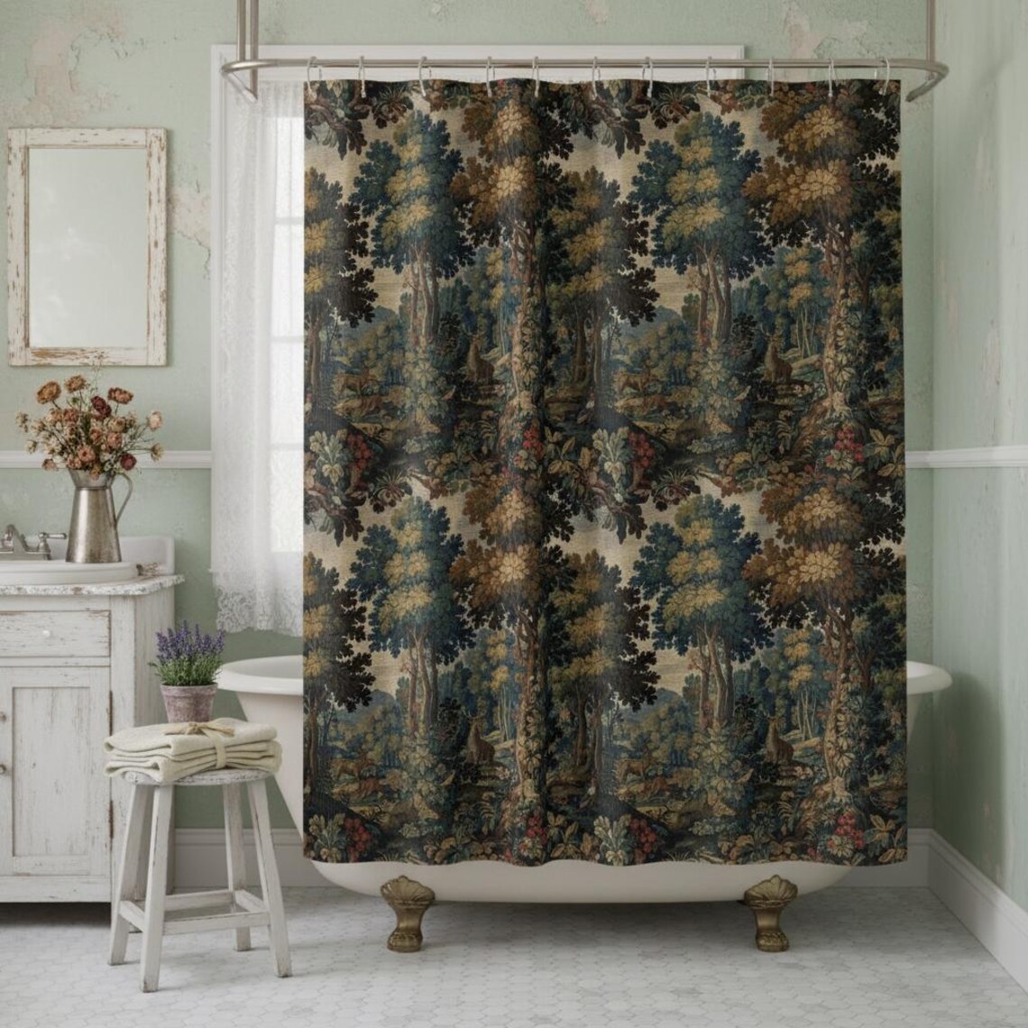 French Verdure Tapestry Shower Curtain, Chateau Style Bathroom Decor ...
