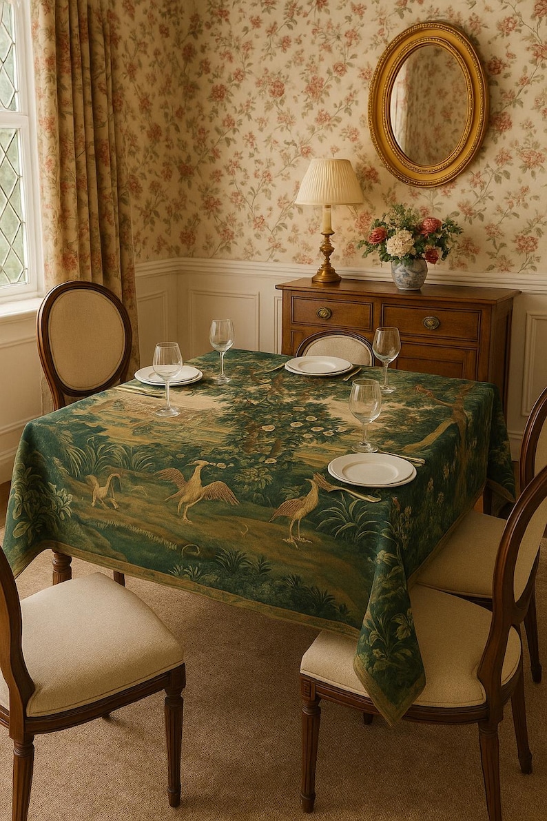 French Verdure Tapestry Tablecloth, Vintage Table Cover, Elegant Dining ...