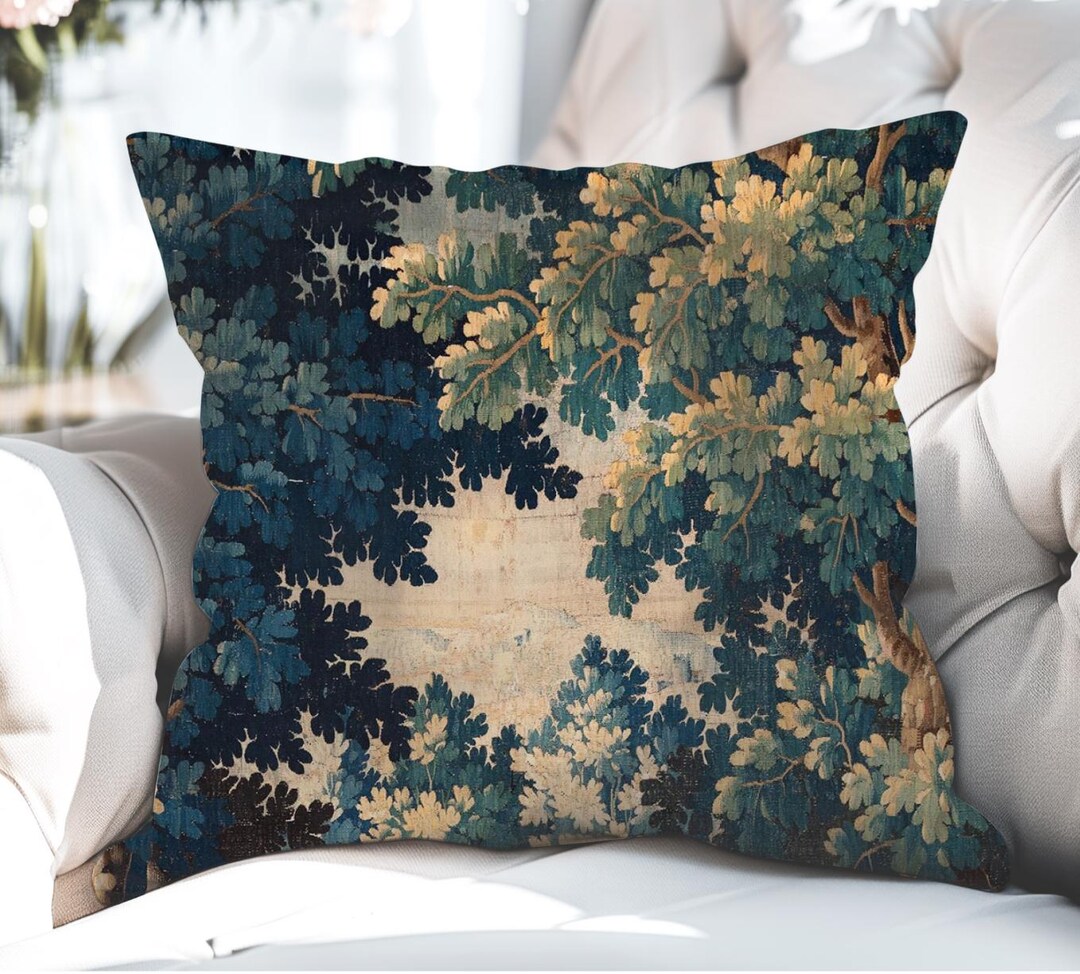French Verdure Aubusson Tapestry Pillow Cover, Antique Château Throw ...