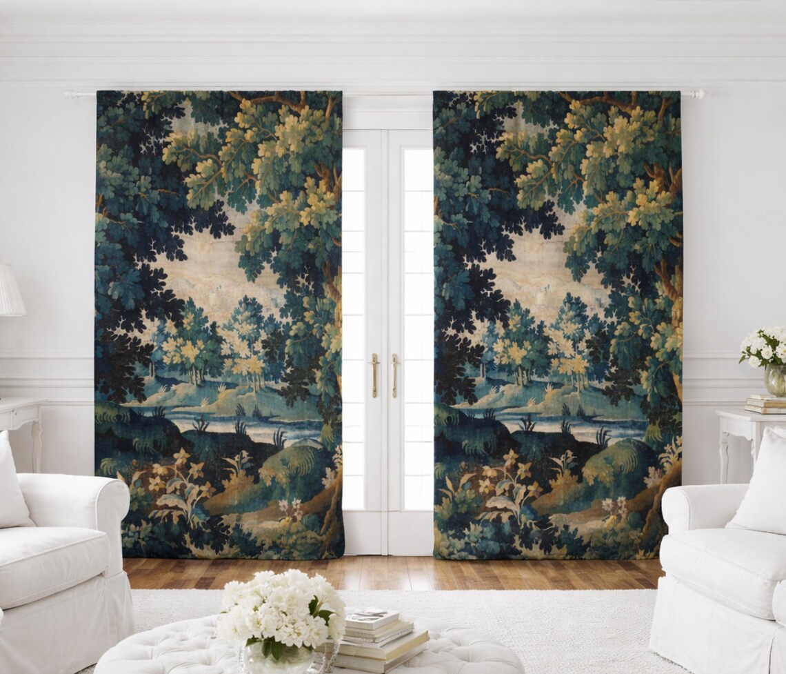 Elegant French Verdure Aubusson Tapestry Window Curtain, Vintage ...