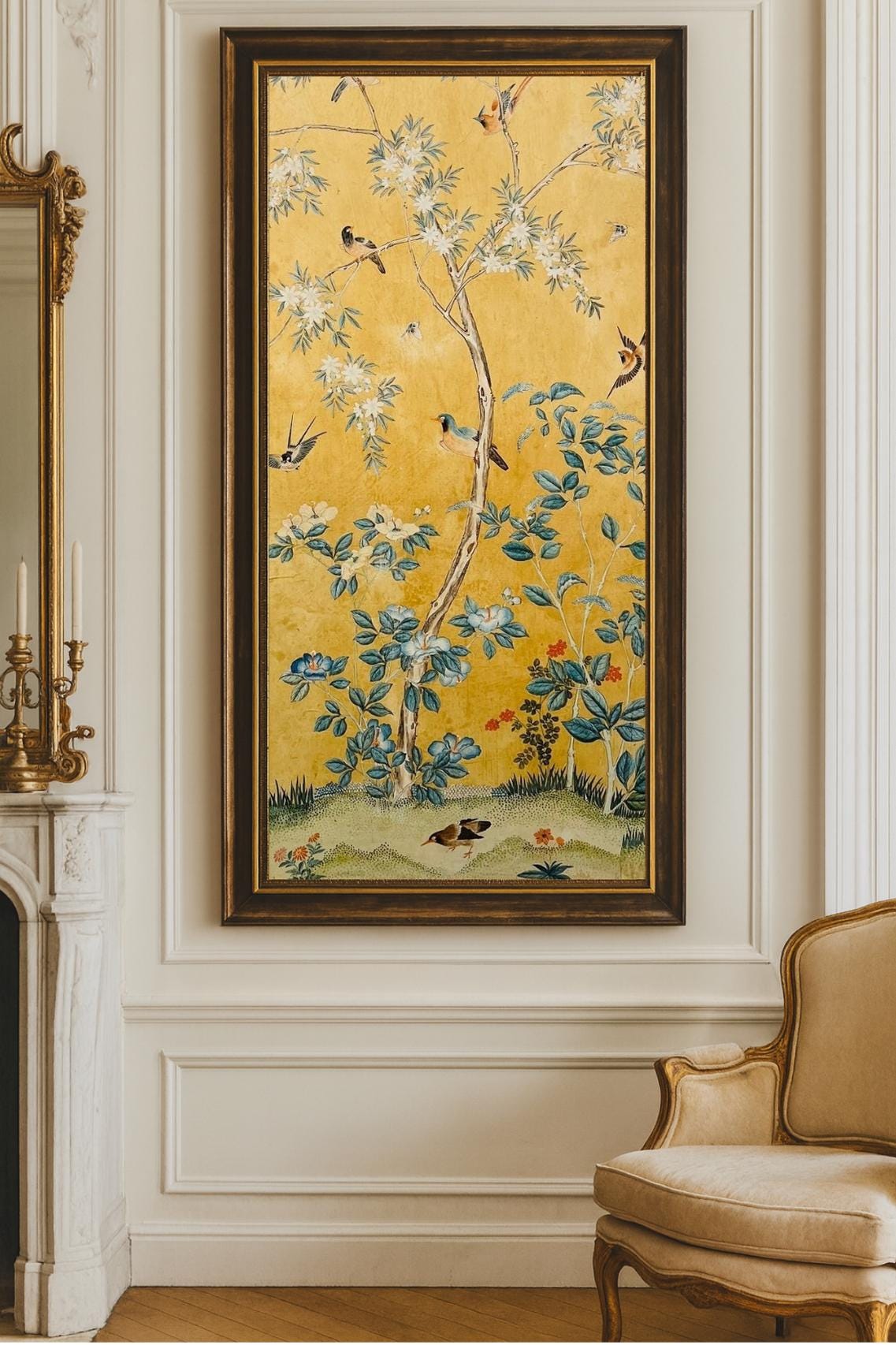 Chinoiserie Wall Panel, Antique Chinese Wallpaper, Vintage Fine Art ...