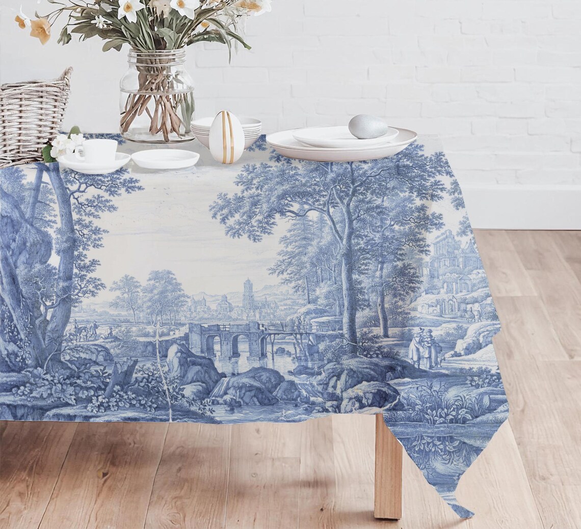 Delft Blue & White Tablecloth, Dutch 17th Century Landscape, Vintage ...