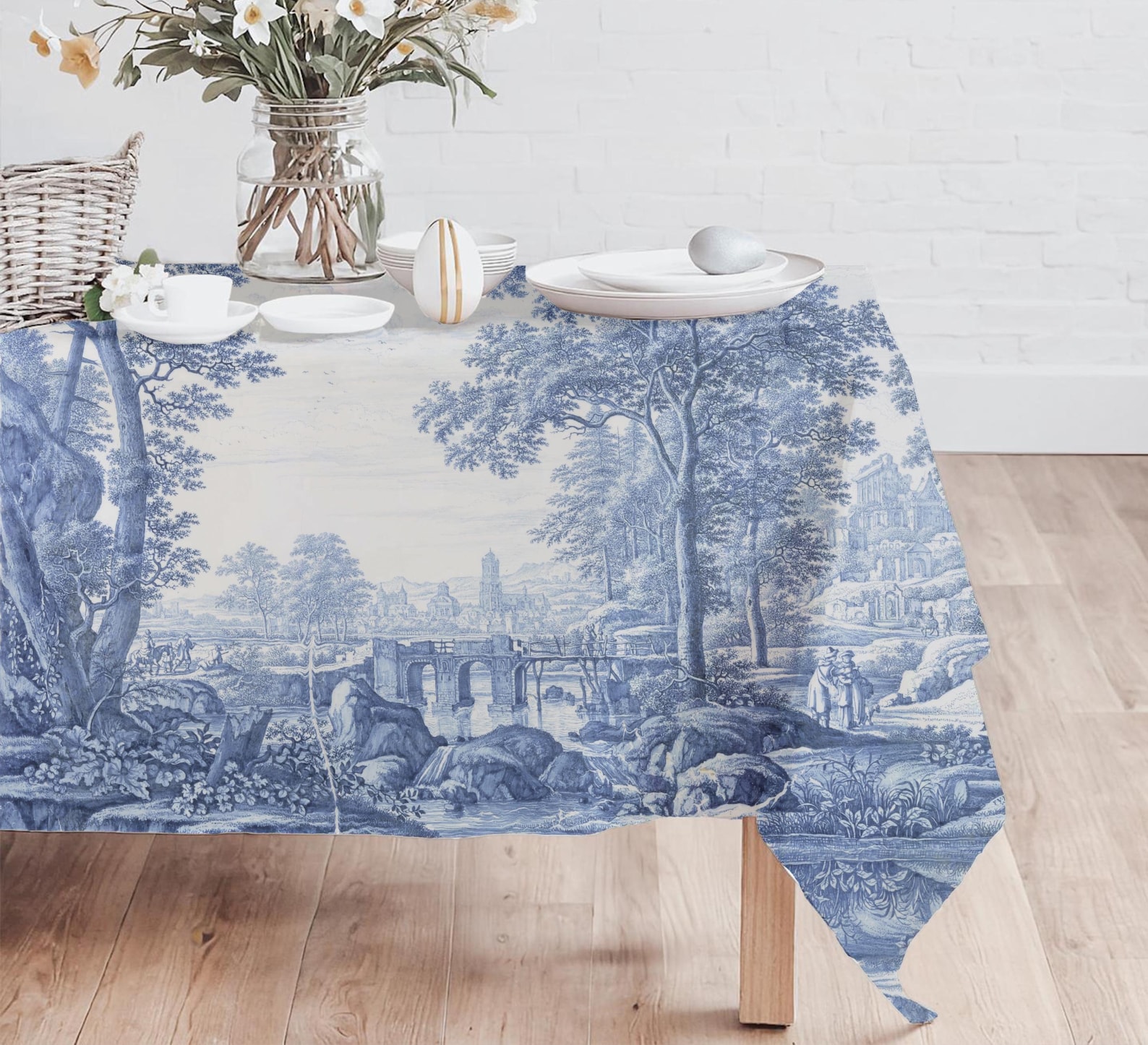 Delft Blue & White Tablecloth, Dutch 17th Century Landscape, Vintage ...