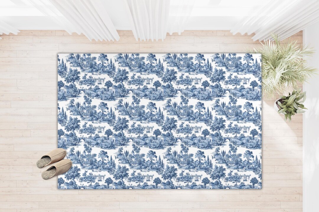 Blue & White French Country Toile De Jouy Area Rug, Vintage Style ...