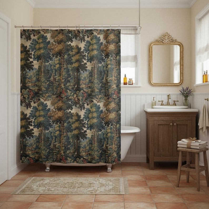 French Verdure Tapestry Shower Curtain, Chateau Style Bathroom Decor ...