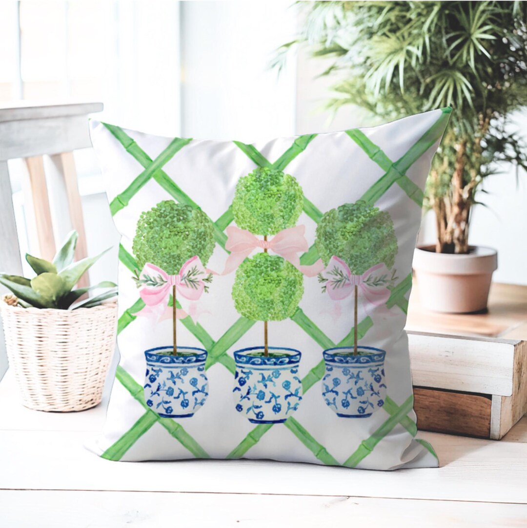 Chinoiserie Topiary Pillowcase, Boxwood Bamboo Trellis, Lattice Cushion ...