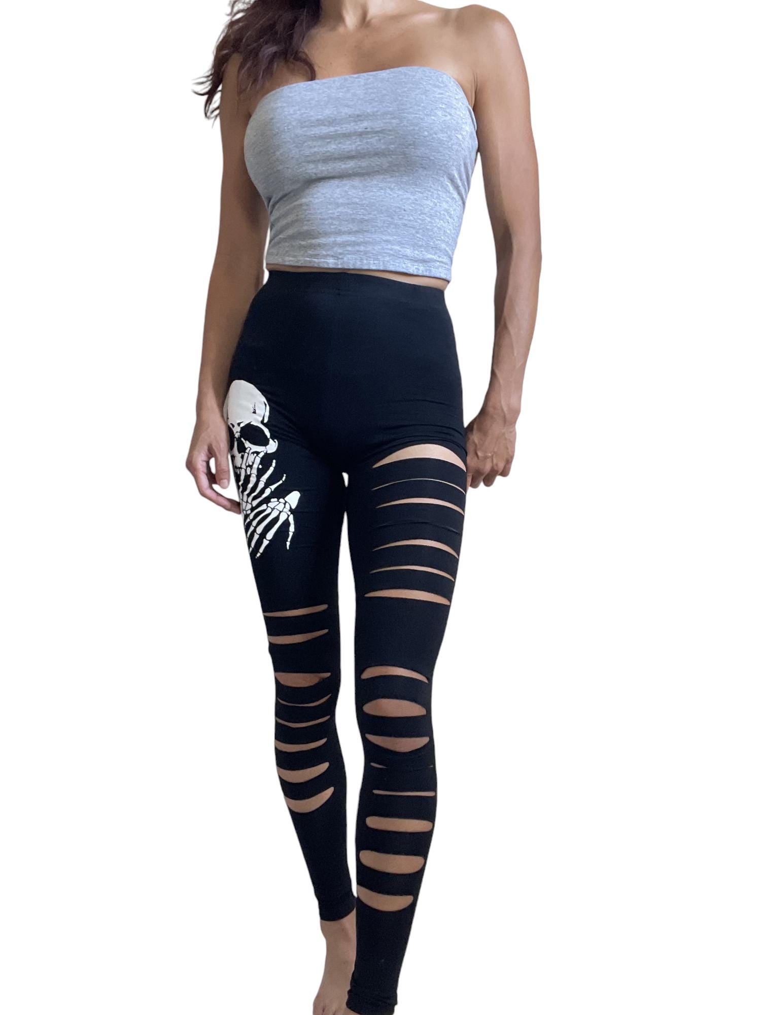 Gothic Grunge Skull and Hands Slashed Cutout Ripped Black Leggings XS ...