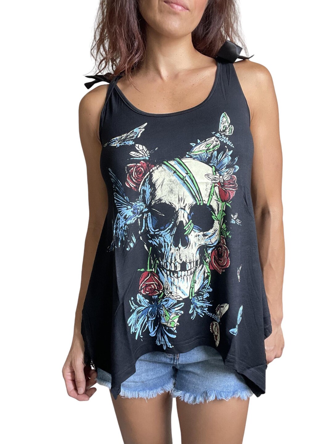 Gothic Skull With Flowers and Moth Print Flowy Tank Top Black Skull ...