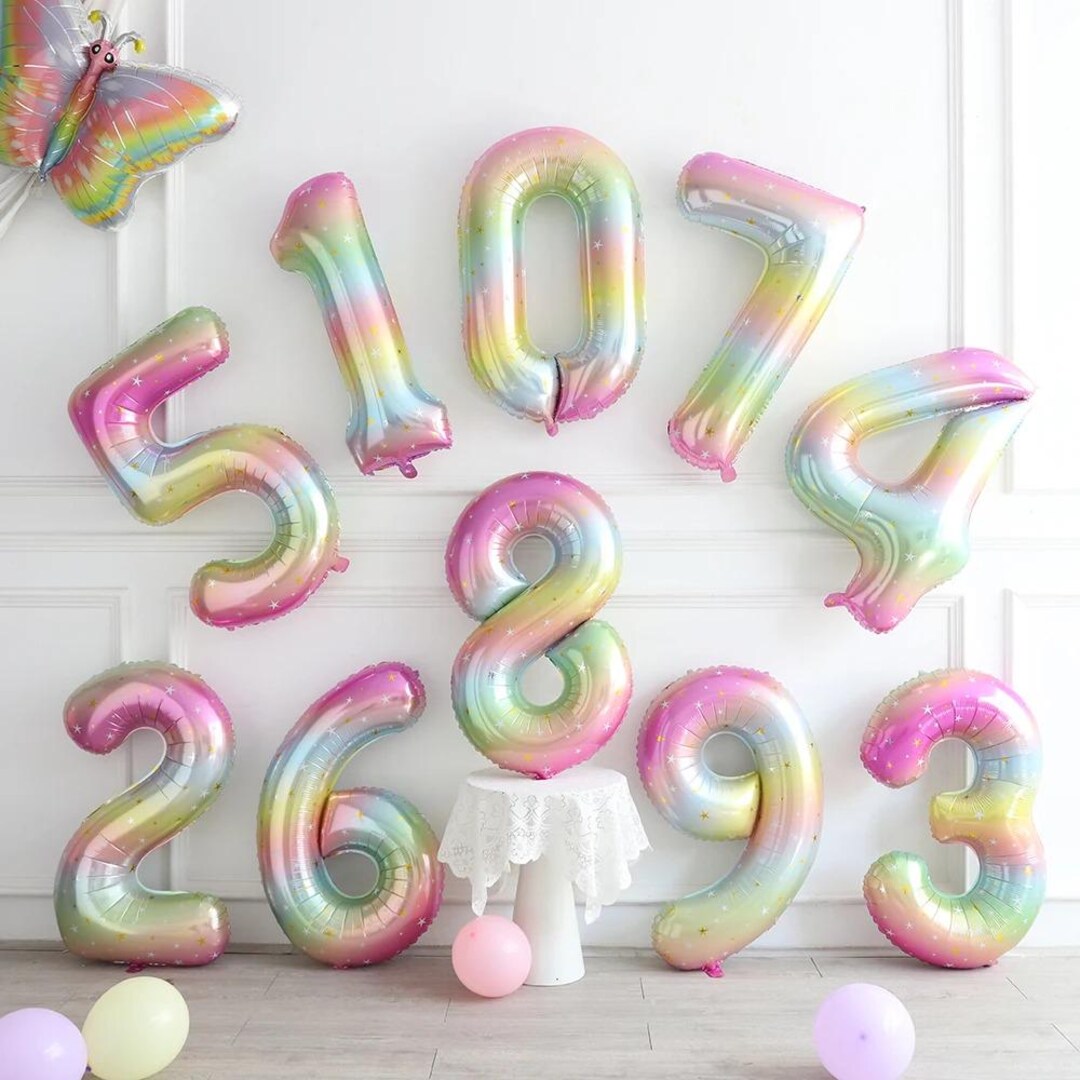 Pastel Rainbow Number Foil Balloons Star Sky Gradient Unicorn Digital ...